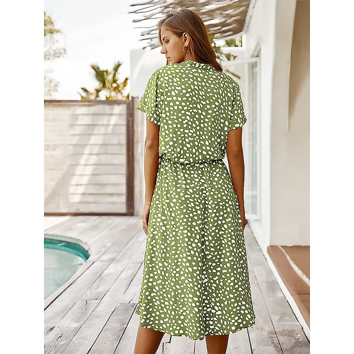 BROVAVE Women's Summer Polka Dot Print Shirt Dress Vintage Short Sleeve Button Down Midi Dress(Army Green, XL)