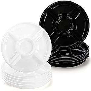 Okllen 12 Pack 5 Sectional Round Plastic Serving Tray, 12" Divided Candy Nut Serving Plate, Veggie Fruit Dish Platter Appetizer Tray for Dried Fruit, Snack, Desserts, Black & White