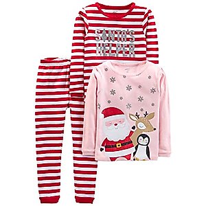 Simple Joys by Carter's Baby 3-Piece Snug-fit Cotton Holiday Pajama Set, Pink Santa/Red Stripe, 4T