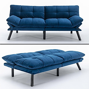 70" Futon Sofa Bed Couch,Convertible Modern Sleeper Sofa Couch with Metal Legs,Folding Loveseat Sofa with Adjustable Backrest for Living Room,Bedroom,Office,Small Space (Blue)