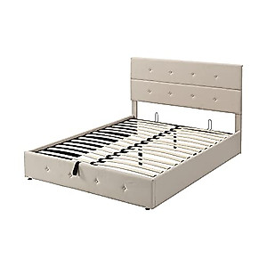 BIADNBZ Queen Size Platform Bed Frame Upholstered with Lifting Underneath Storage and Headboard, Wooden Slat Support, No Box Spring Needed, Beige