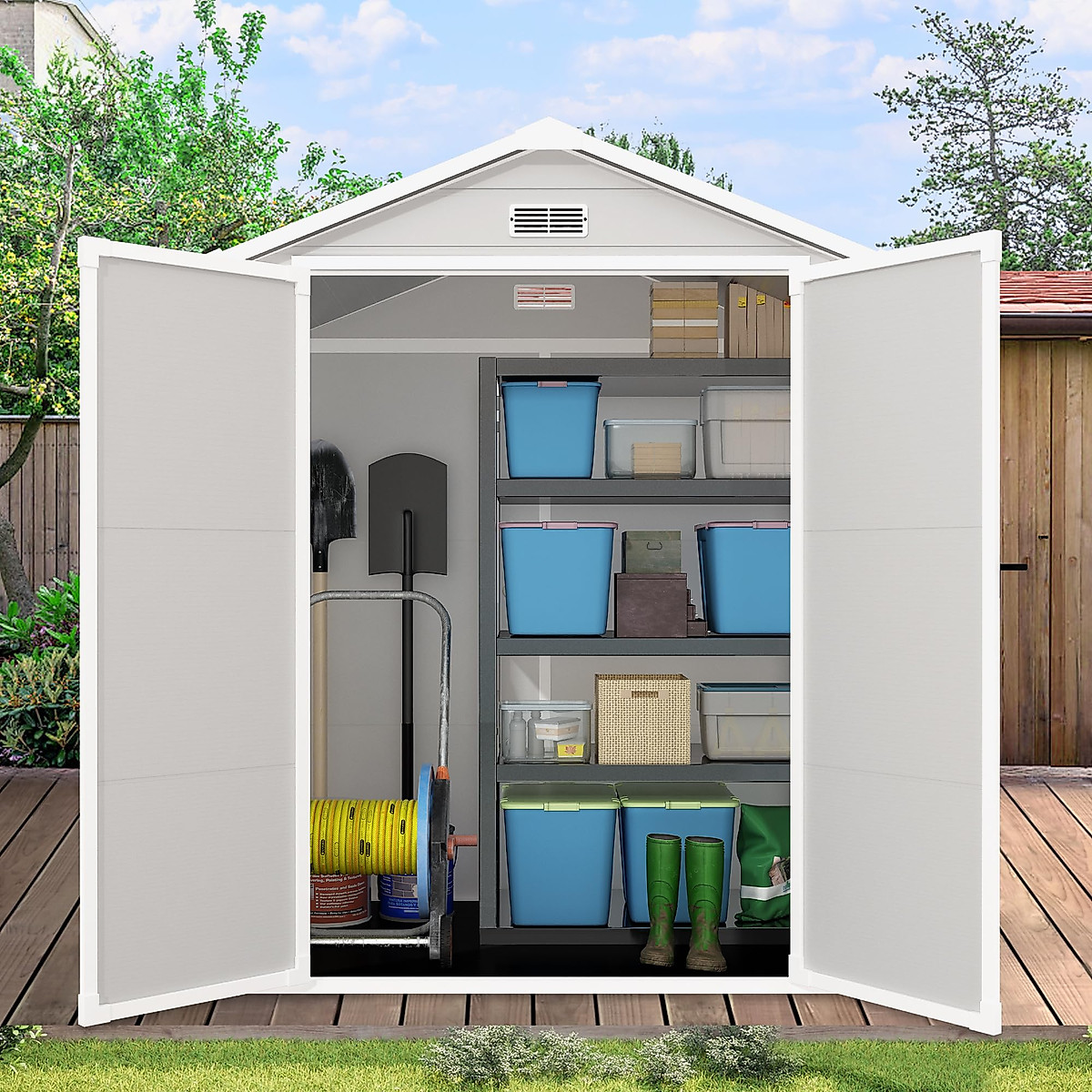COCLUB 6x4.4FT Resin Shed Plastic Shed Outdoor Storage Shed with Floor,Resin Outdoor Shed with Window, Lockable Door Side Window, Front & Rear Vents for Garden, Backyard, Patio-Light Gray