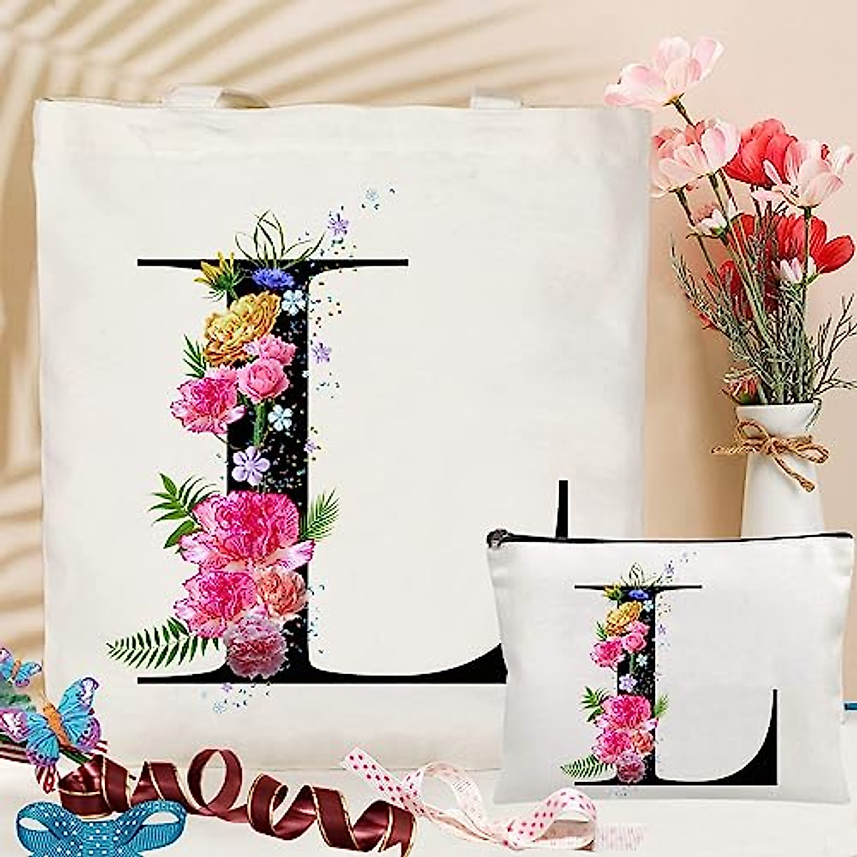 Andeiltech Initial Canvas Tote Bag Floral Letter Personalized Makeup Bag Monogrammed Gift for Bridesmaids Birthday Wedding