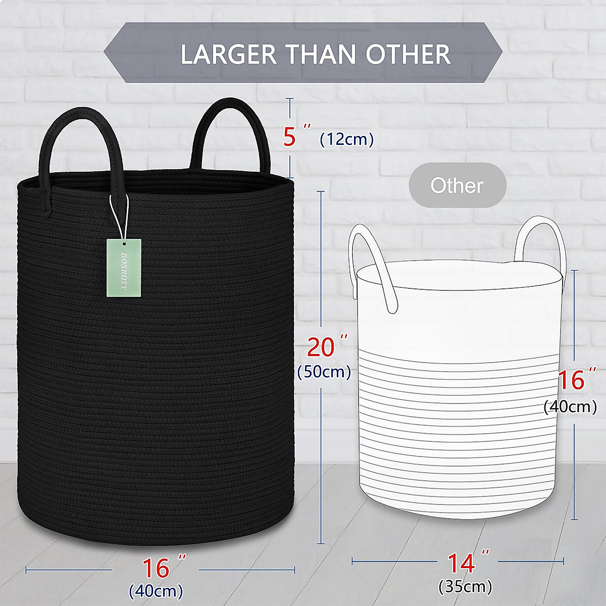 BOSROTY Large Cotton Rope Laundry Basket Hamper for Clothes 65L, Woven Storage Basket for Living Room Bedroom, Tall Rope Baskets, Blanket Basket, Baby Nursery Hamper Bin, 16”x 20”, Black