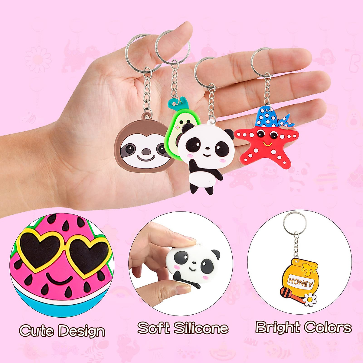 Lecinc 70Pcs Video Game Party Favors Video Game Keychains for Kids Birthday School Party Dinosaur Donut Marine Animal Mermaid Rainbow Bulk Keychains for Birthday Party Supplies