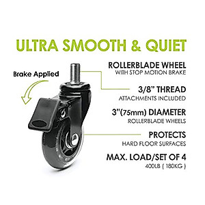 Slipstick CB693 Premium 3 Inch Rubber Caster Wheels with Brake (4 Pack) Replacement Rollerblade Style Swivel Casters with 3/8”– 16x1” Threaded Stem, Includes Mounting Hardware, Black/Clear Castor
