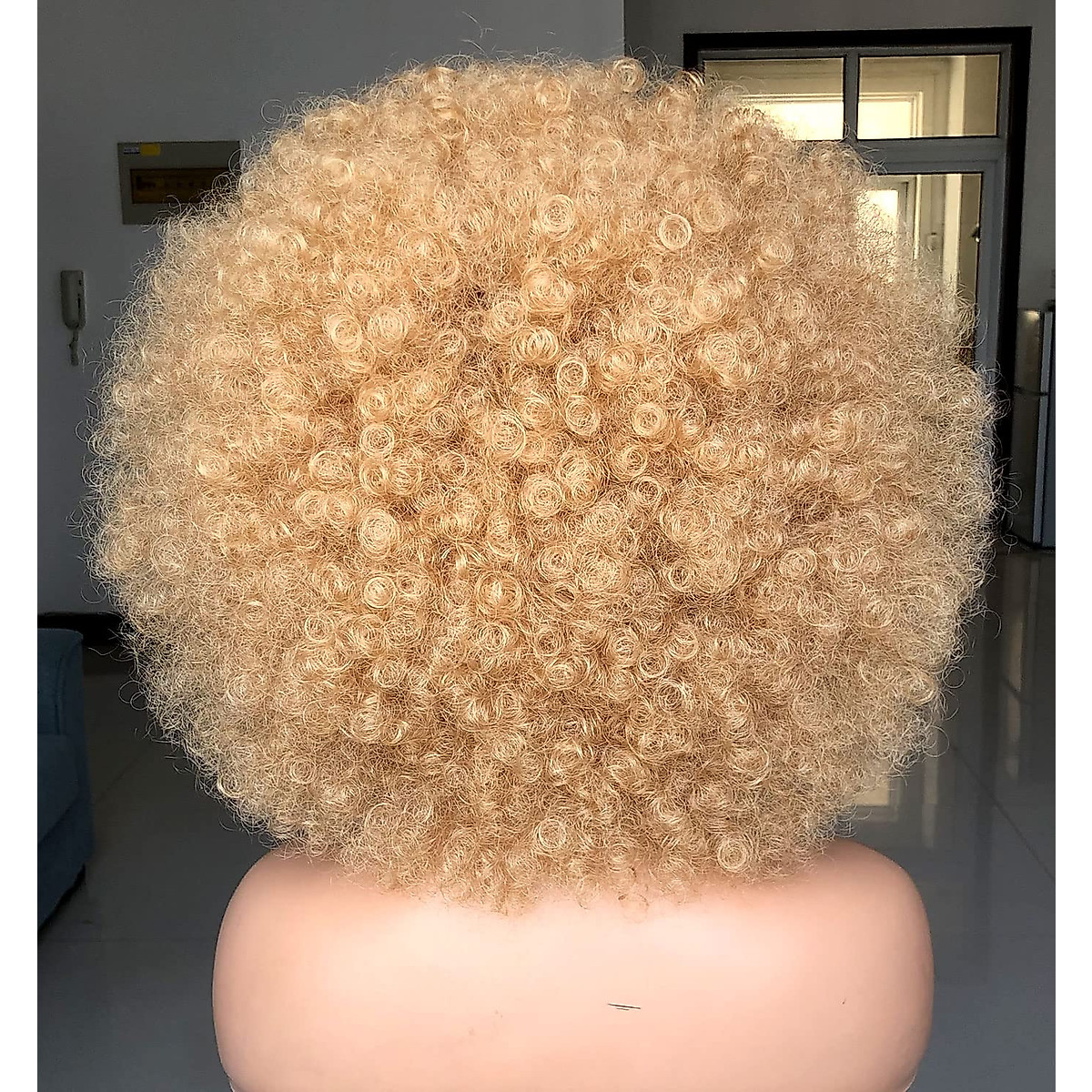 HIHOO Short Afro Wig with Bangs for Black Women Afro Kinky Curly Wig 70s Premium Synthetic Big Afro Wig(Blonde)