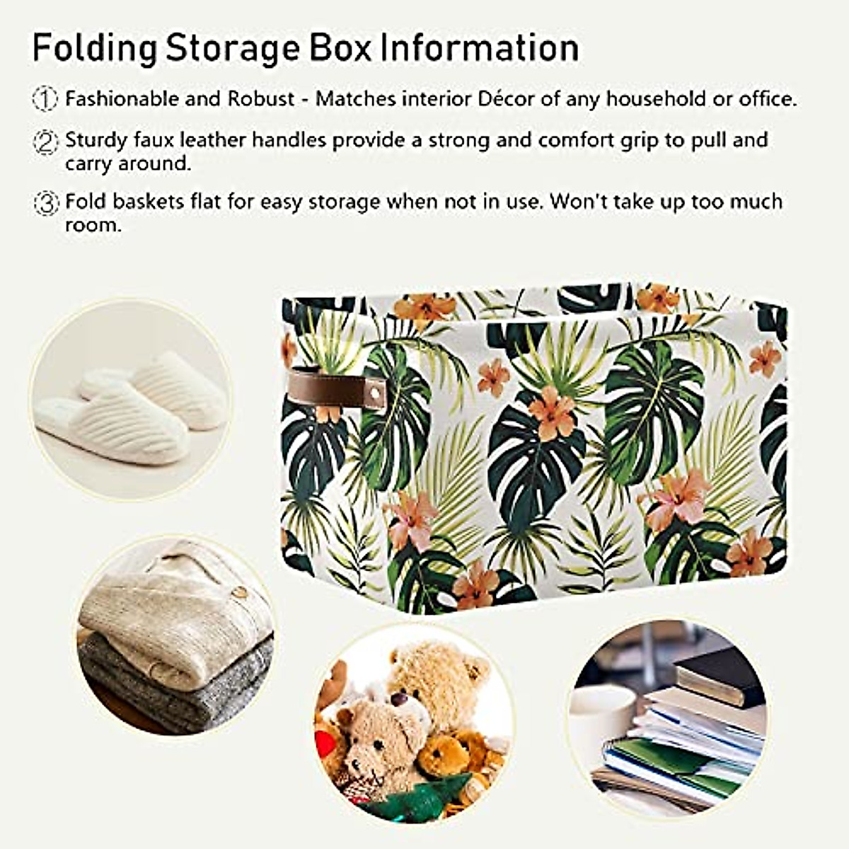 panksolu Tropical Palm Leaf Floral Storage Basket Collapsible Cloth Storage Cube Basket Bins Organizer with Handles Rectangular Large Toys Shelf Closet for Nursery Bedroom Home Office