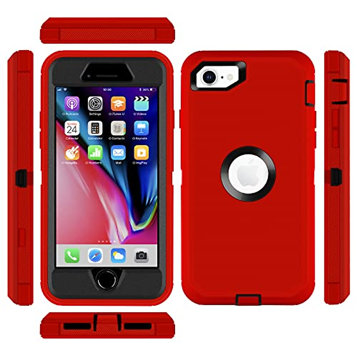 iPhone SE 2020/2022 3-in-1 Full Body Case, Built-in Screen Protector, Shockproof TPU & Hard PC Bumper, Drop-Proof Shell - Red/Black