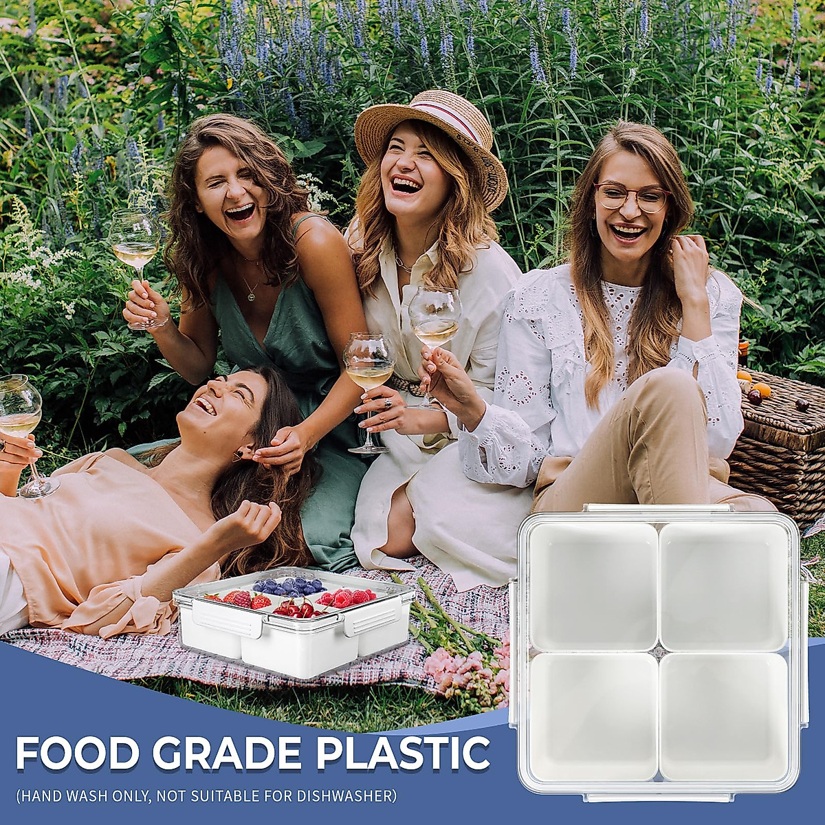 ISUSSER Square Plastic Divided Serving Tray with Lid, Snack Container, Divided Fruit Vegetable Snack Tray Container with 4 Compartments for Refrigerator