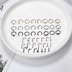 LOYALLOOK 18G 316L Stainless Steel C-Shaped Nose Rings Hoop for Women Men L-Shaped Nose Studs Screw CZ Nose Piercing Jewelry Set 45Pcs