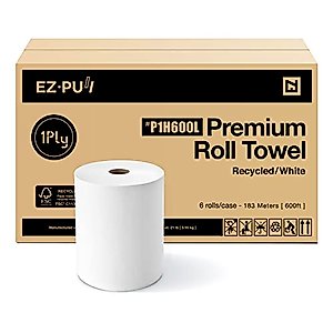 EZbrnd P1H600L EZ-Pull Premium 1-Ply Roll Paper Hand Towel, FSC Certified Recycled, White, 600' Length, Universal 8" X 1.5" Core, Pack of 6