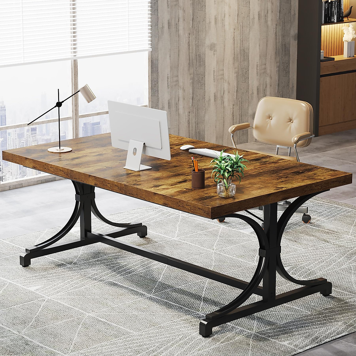 Tribesigns 62.4-Inch Executive Desk, Rectangle Office Computer Desk with Thick Wooden Tabletop and Metal Frame, Study Writing Table Workstation for Home Office, Rustic Brown & Black