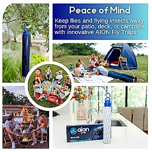 Aion Outdoor Fly Traps with Natural Bait Attractant and Hanging Hooks for Trapping Fruit and Horse Flies, Gnats, and Flying Insects or Bugs, Patio, Camping, and Backyard Disposable Catchers, 2 Pack