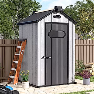 UDPATIO 4x4 FT Resin Storage Shed, Weatherproof Outdoor Plastic Storage Shed with Floor Air Vents Windows Skylights Lockable Doors, for Backyard, Patio, Garden, Grey