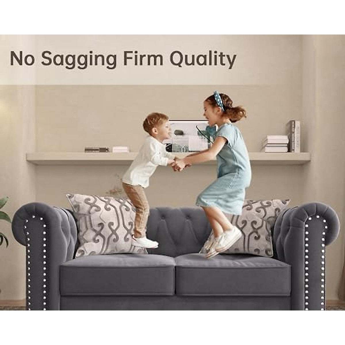 Morden Fort Classic Chesterfield Loveseat Set 60'', Tufted Loveseat Sofa Set with Solid Wood Legs Thick Cushion, Pet-Friendly 2-Seater Sofa Couch for Living Room Bedroom Apartment - Velvet Grey