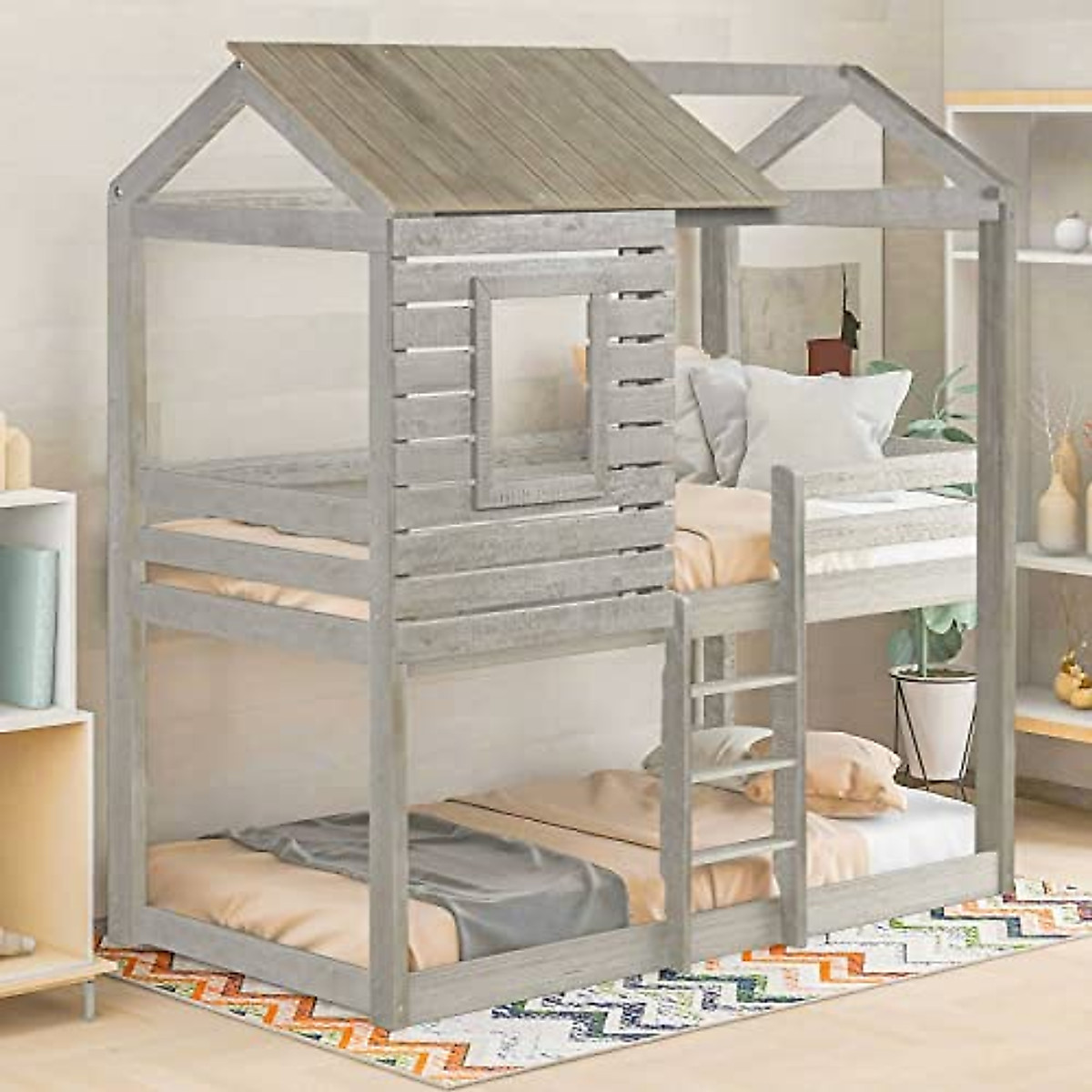 Mesnt Twin Bunk Bed Frame | Twin Over Twin Bunk Bed Wood Loft Bed with Roof, Window, Guardrail, Ladder Antique Gray