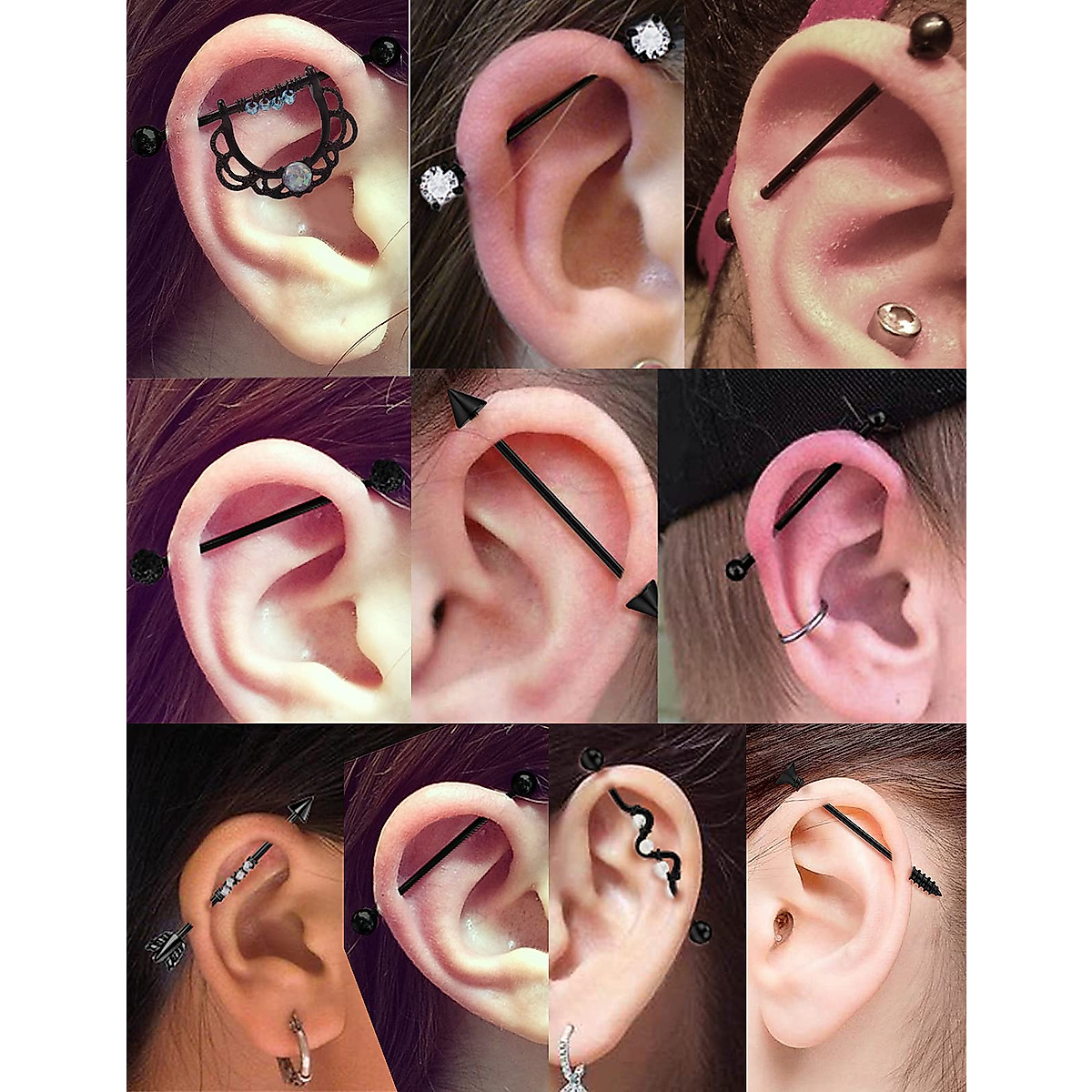 Prjndjw 14G Industrial Earrings For Women Mne Opal Heart surgical steel industrial piercing jewelry barbell Arrow screw external thread jewelry black industrial piercing jewelry 38MM