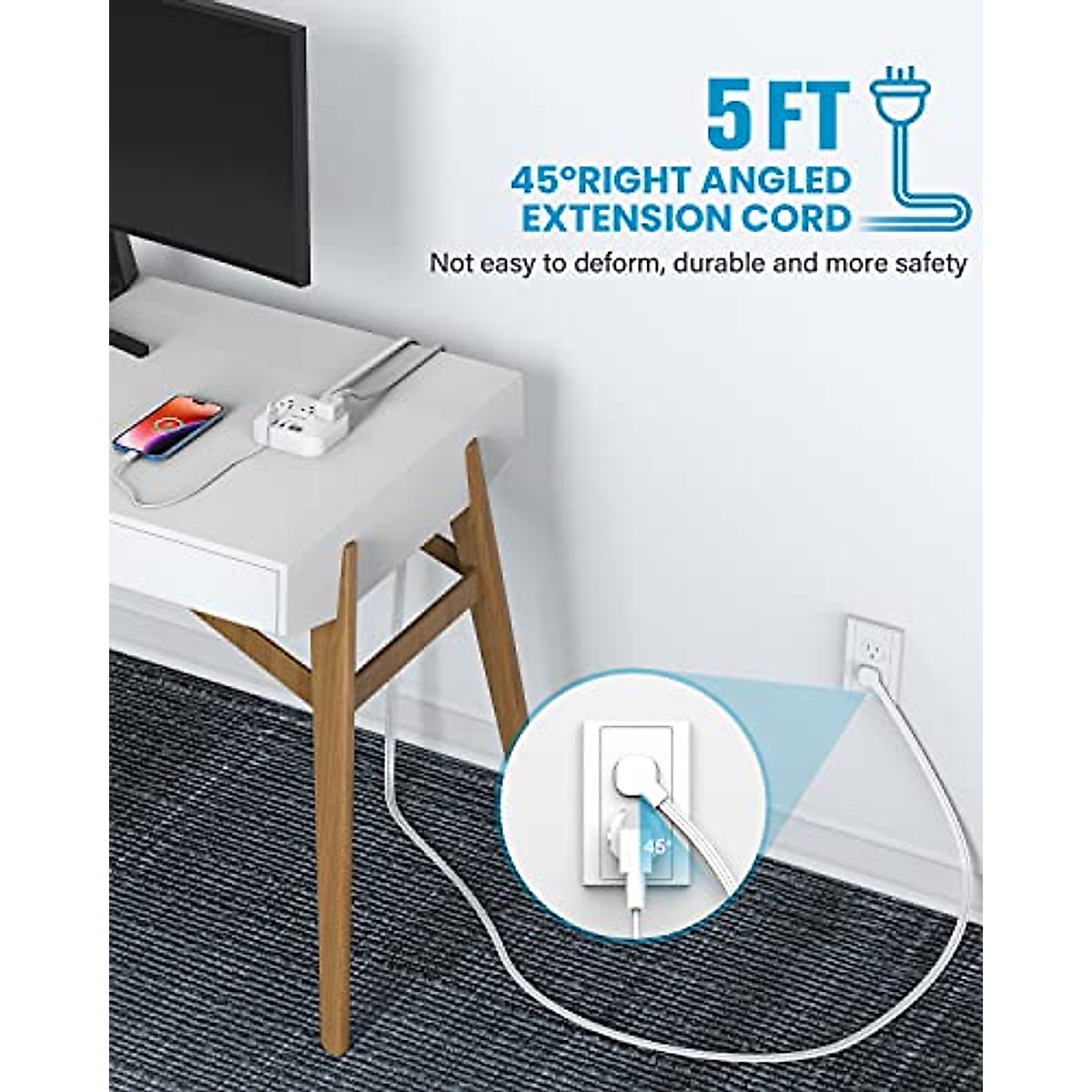 Flat Extension Cord, 5ft Ultra Flat Plug Power Strip - 3 Outlets 4 USB Ports (2 USB C) Desk Charging Station Power Strip with No Surge Protection for Cruise Ship, Travel, Dorm Room Essentials