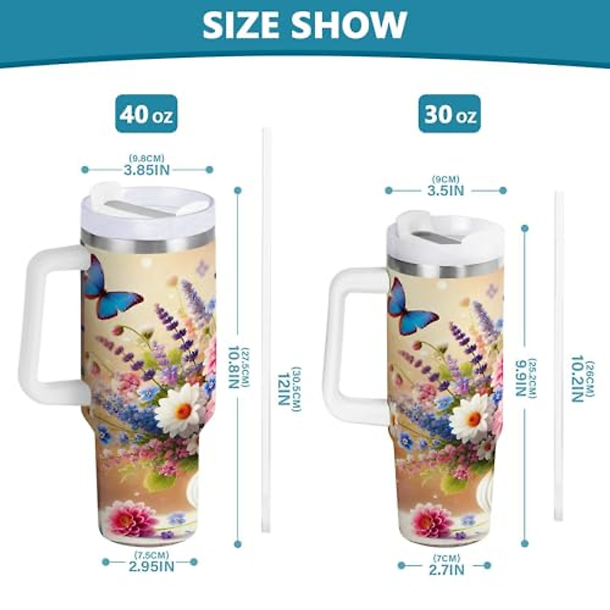 RPLIFE Floral with Butterflies Coffee Tumbler, Stainless Water Bottle, Insulated Cup with Straw, Coffee Tumbler for Women