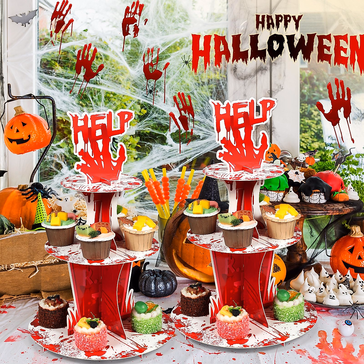 Sliner 2 PCS Halloween Bloody Cupcake Stand Party Decorations Bloody Handprint Cupcake Holder Halloween Bloody Help Cake Holder Bloody Dessert Stand for Halloween Bloody Horror Scary Party Supplies