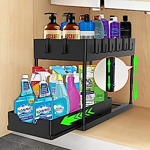 NautDuty Under Sink Organizer, Height Adjustable Under Sink Organizers And Storage, Sliding Under Bathroom Cabinet Storage Drawer Organizer with 8 Hooks, Dividers for Kitchen Bathroom Cabinet