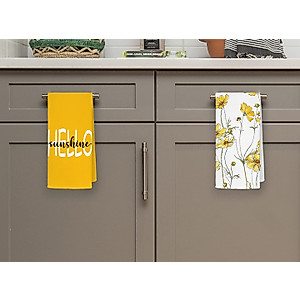 QODUNG Hello Sunshine Summer Spring Soft Kitchen Towels Dishcloths 16x24 Inch Set of 2,Hand Drawn Daisy Flower Drying Cloth Hand Towels Tea Towels for Kitchen