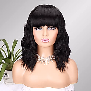 forfeels Short Wavy Black Wig with Bangs Bob Short Charming Curly Wavy Wig Women Synthetic Natural Looking Heat Resistant Fiber Hair for Women (14inch)