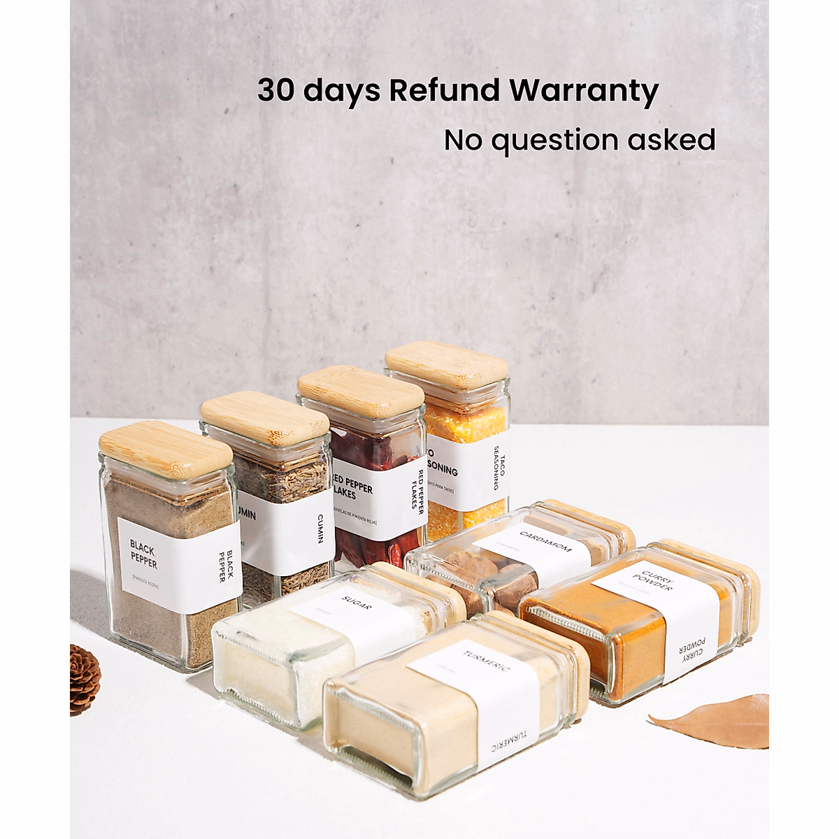 Glass Spice Jars with Labels - 4oz Glass Jars with Bamboo Lids, Square Spice Jars with Labels, Empty Spice Bottles for Seasoning Organizer, Spice Drawer Organizer and Kitchen Storage, 12 Pack, White