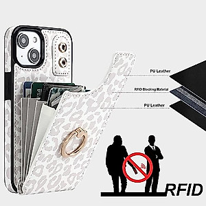 HAOPINSH for iPhone 13/ iPhone 14 Wallet Case with Card Holder, 360°Rotation Ring Kickstand, White Leopard Cheetah Pattern, RFID Blocking Leather for Girls Women, Double Buttons Flip Protective 6.1"