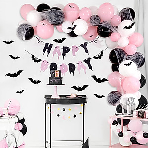 Pink Halloween Party Decorations with Happy Boo Day Banner, Spider Web, Bat Wall Decor, Pink and Black Balloons for Halloween Birthday Party Decorations, Halloween Baby Shower