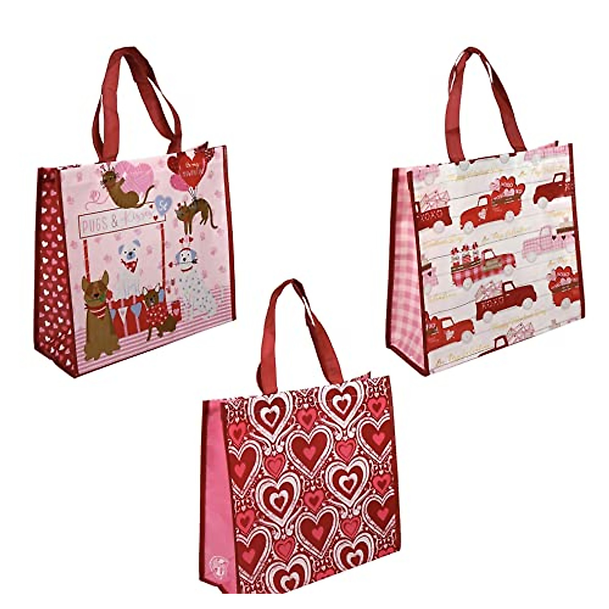 Valentines Day Gift Basket | 10 Inches Teddy Bear Plush |Tootsie Roll Kiss Me Banks | Hershey's Milk Chocolate Kisses | Lugano Strawberry Creme Filled White Chocolate Truffles | Artificial Red Rose Bouquets with Sparkly Hearts | V- Gift Bag and Card inclu