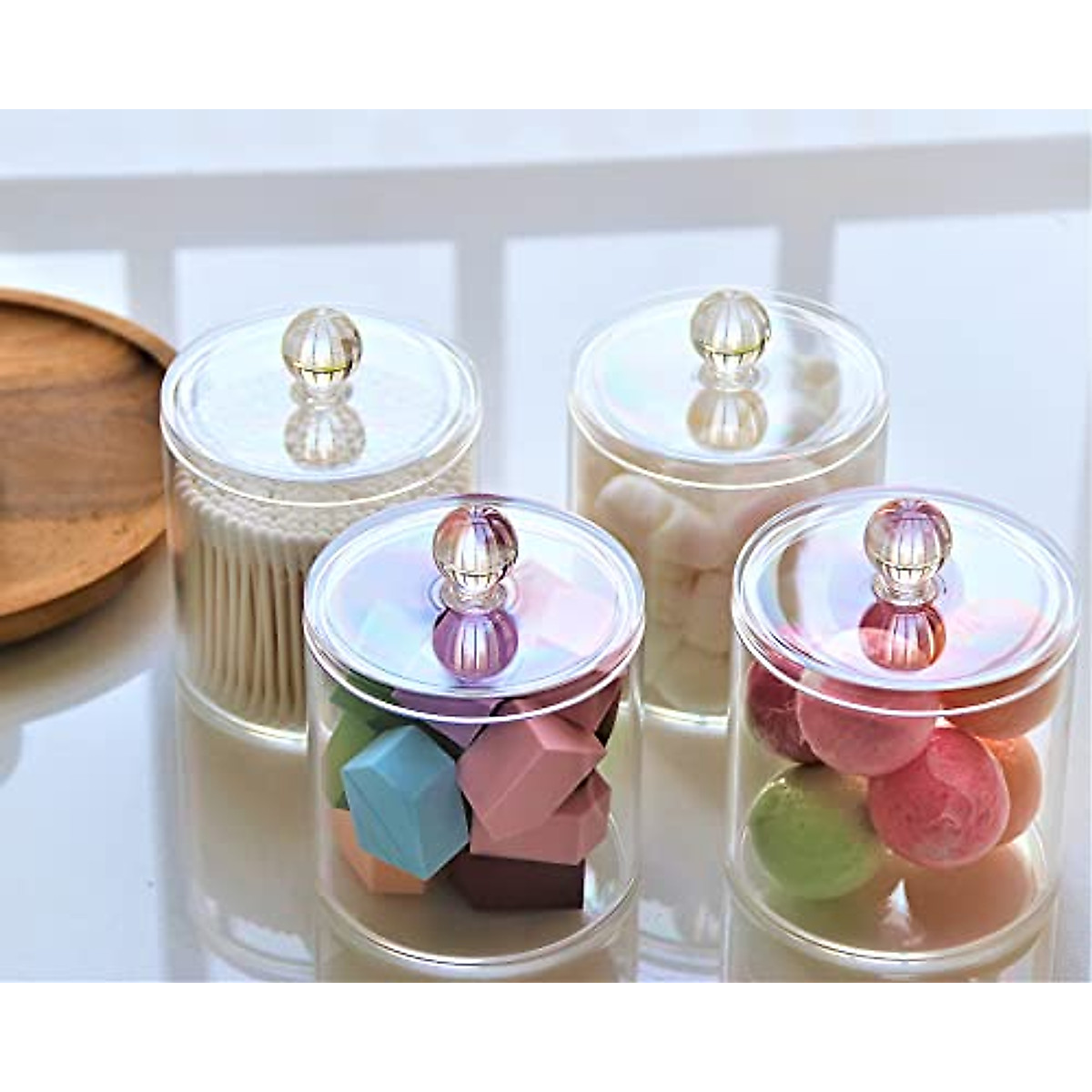 DAPOWER 20-Ounce Qtip Holder Storage Canister Set of 2, Clear Plastic Apothecary Jar with Lid, Bathroom Makeup Organizer for Cotton Ball, Cotton Swab, Pads, Powder Puffs (2)