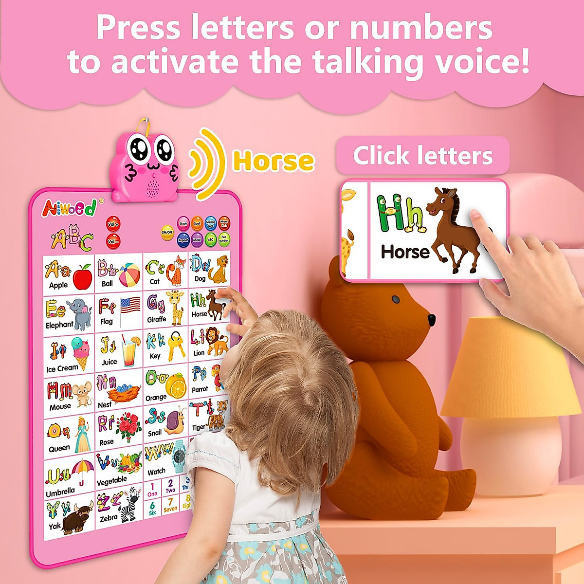 Electronic Interactive Double-Sided Alphabet Wall Chart, Talking ABC & 123 & Music & Learning Poster, Educational Toddlers Toys for Ages 2-4 and Up Kids Gifts, Best for Preschool Boys & Girls(Pink)