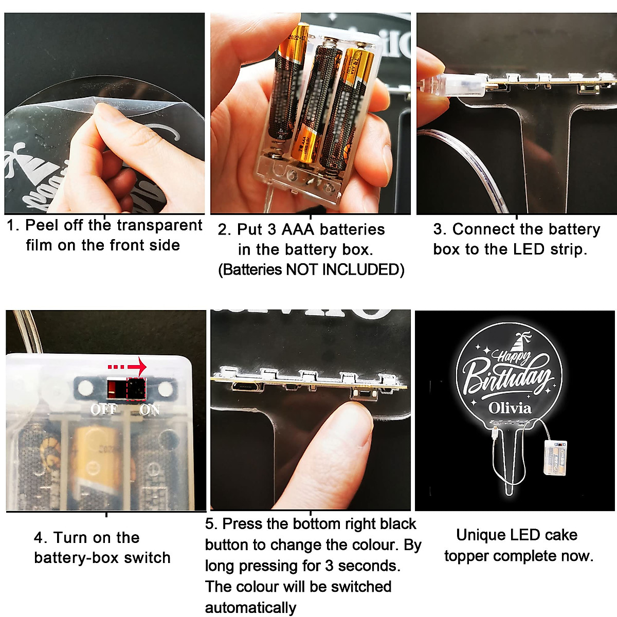 LED Personalized Happy Birthday Cake Toppers 7 Colour Changes Light Up Cake Topper Acrylic Cake Toppers Cake Decorations for 1st 16th 18th 20th 21st 30th 40th 50th 60th 70th(Design 2)