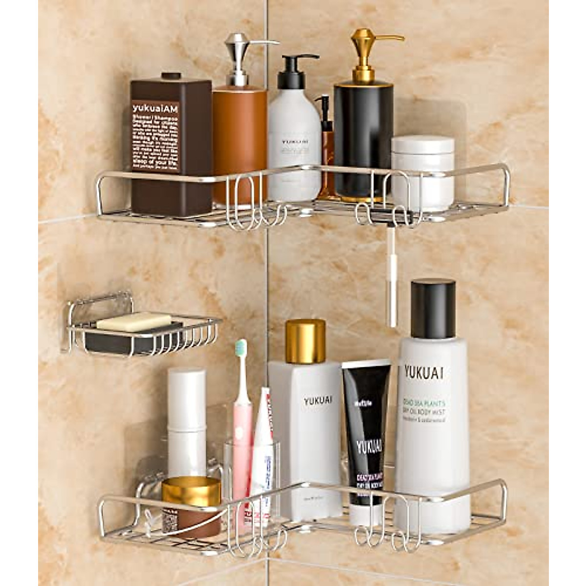 Vdomus Corner Shower Caddy Shelf, No Drilling Traceless Adhesive Rust Proof Stainless Steel Shampoo Holder with Soap Holder, Bathroom Organizer Wall Shelf Basket Rack with Hooks, 3 Pack