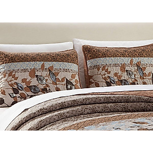 Kids Zone Home Linen Bedspread Set Brown Tan Sky Blue Leaves White New (Twin/Twin Extra Long)