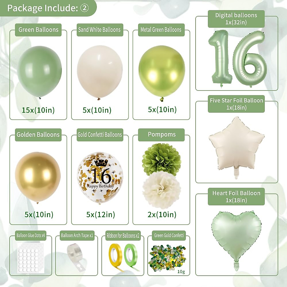 Sweet 16 Party Decorations, Sage Green 16th Birthday Decorations for Girls Sweet 16 Birthday Banner Green Gold Balloons Crown Sash Fringe Curtain Tablecloth Cake Topper for Girls 16th Birthday Decor