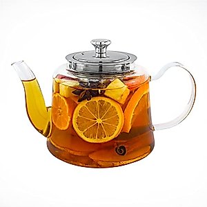 Aserson 1100 ml/37 oz Glass Teapot, Heat Resistant, Stainless Steel Infuser, Handmade, Leaf Tea Brewer, Borosilicate Glass, Stovetop Teapot and Microwave Safe