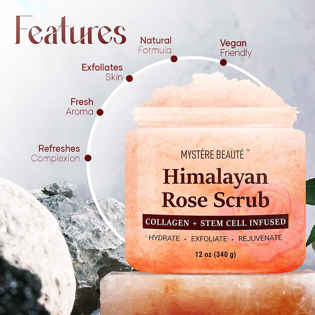 MYSTÉRE BEAUTÉ Himalayan Salt Body Scrub 12 oz - with Collagen and Stem Cells - Exfoliating Salt Scrub for Cellulite - Deep Cleansing for Acne, Scars, Wrinkles - Moisturizes Skin