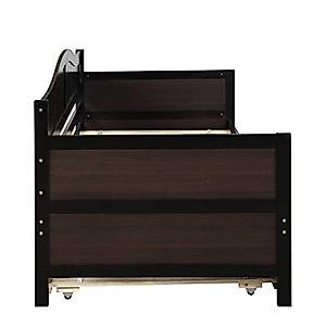 Lepfun Twin Size Wooden Daybed with Trundle, No Box Spring Needed Sofa Bed w/Slats Support, Classic and Simple Platform Bedframe for Bedroom, Living Room, Space Saving Furniture, Espresso