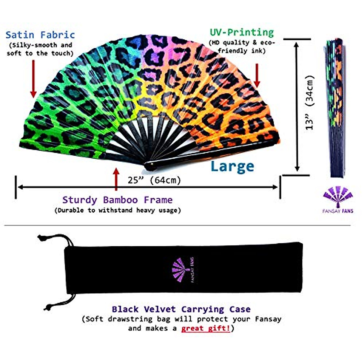 Fansay Fans - Large Hand Folding Fan for Men/Women Chinese/Japanese Bamboo with Leather Cloth Fabric Dance Festival Fan Handheld Folding Fans (Rainbow Cheetah)