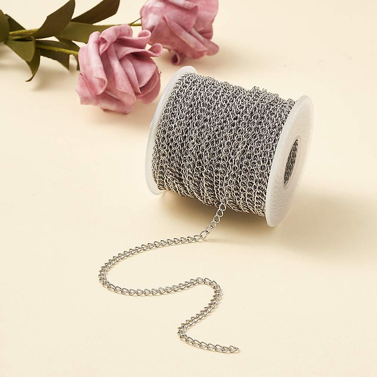 Pandahall 82 Feet/25M Soldered 304 Stainless Steel Curb Chains 4x3x0.6mm Stainless Steel Color Plated for Jewelry Making