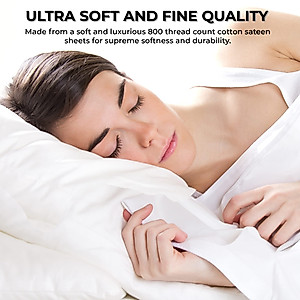 Tribeca Living Queen Bed Sheet Set, Soft Egyptian Cotton Sateen Solid Sheets and Pillowcase Set, Deep Pocket, 800 Thread Count, 4-Piece Luxury Bedding, White