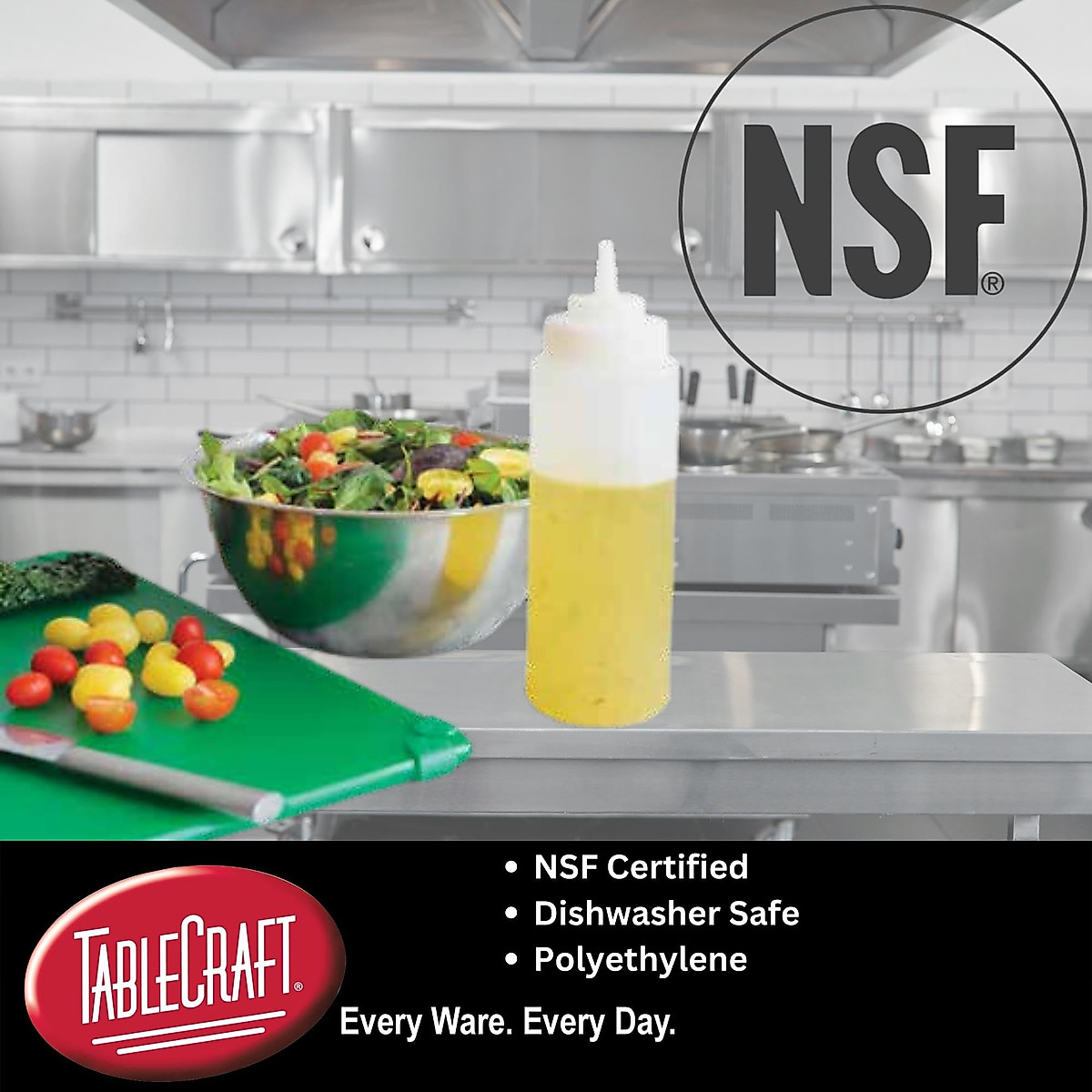 Tablecraft Plastic Condiment Squeeze Bottles, Foodservice Restaurant Commercial Grade Widemouth 53mm Empty Squirt Dispenser for Olive Oil, BBQ Sauce, Dressing, Food Prep, 8 oz, 237 mL, Clear, 6