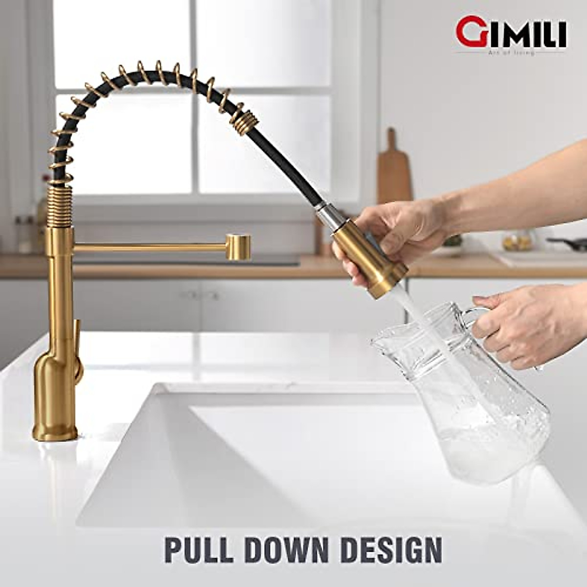 GIMILI Brushed Gold Kitchen Faucet with Pull Down Sprayer Brass Single Handle Spring Kitchen Faucets, RV Farmhouse Utility Bar Laundry Faucet for Kitchen Sink