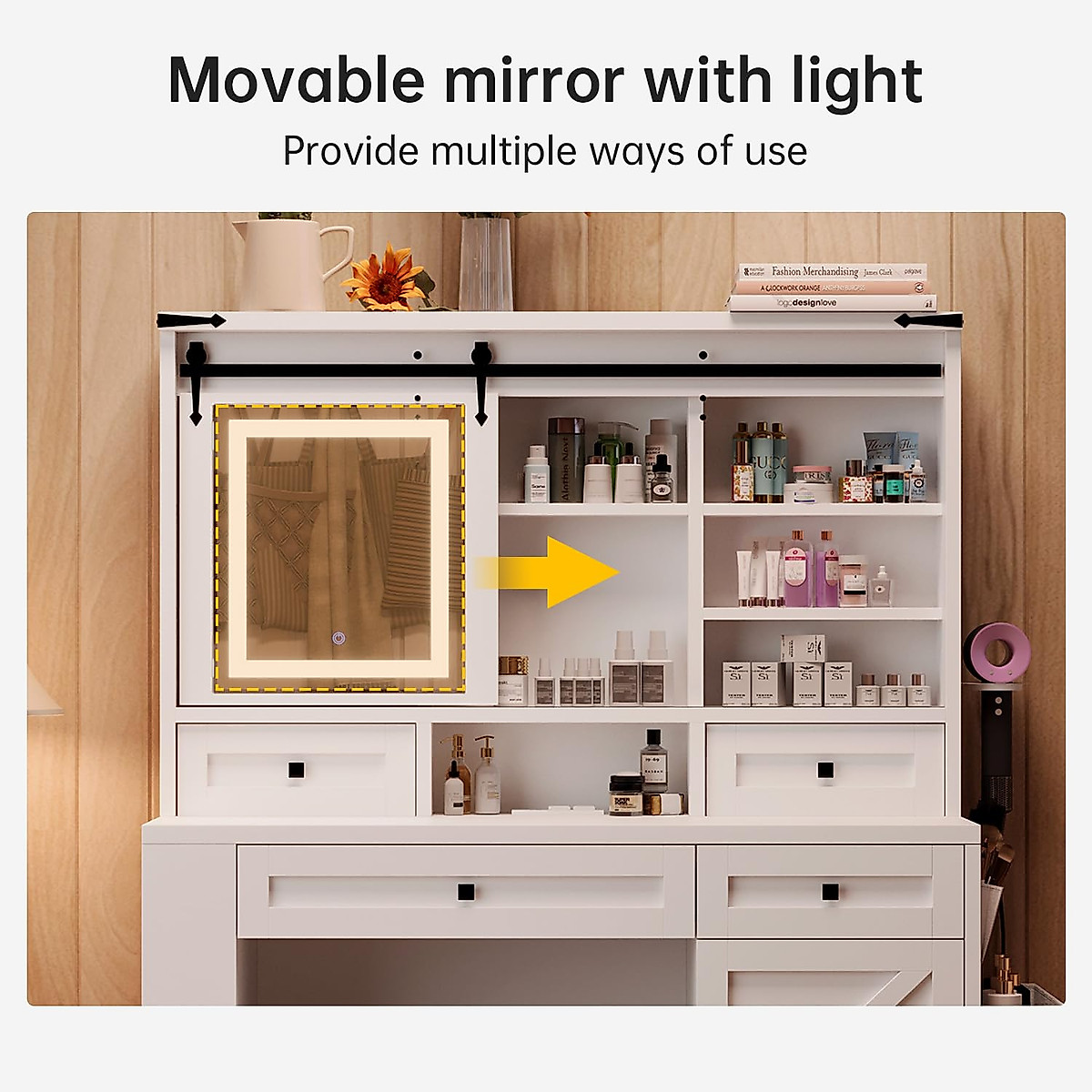 MXV 42" Large Vanity Desk with LED Lighted Mirror & Power Outlet, Makeup Vanity Table with Drawers & Cabinet, Make Up Vanity Desks, Movable Mirror, 3 Lighting Modes, for Bedroom, White
