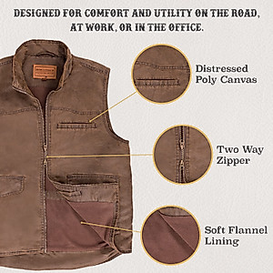 Driver Clothing Co. Men's Heavy Gauge Poly Canvas Utility Work Vest with Soft Flannel Lining and Wax Oil Weather Resistant Finish | 5 Outer Pockets and 3 Inner Pockets | Distressed Brown | XX-Large