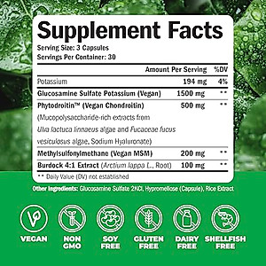 Vegan Glucosamine Chondroitin MSM - 100% Vegan Joint Support Supplement for Women & Men with Burdock and Glucosamine Sulfate 1500 mg. Used for Cartilage and Joint Health and Flexibility - 90 Capsules