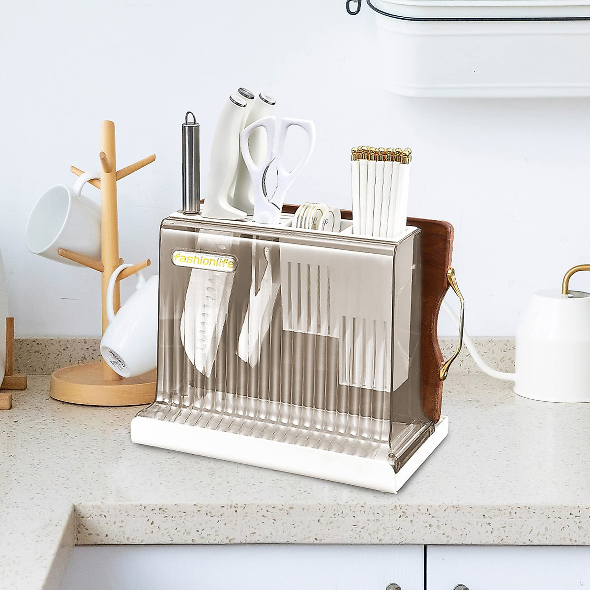 Cabilock Transparent holder kitchen utensil cutting board organizer holder for kitchen drawer kitchen tool holder flatware plastic tray block the pet white household